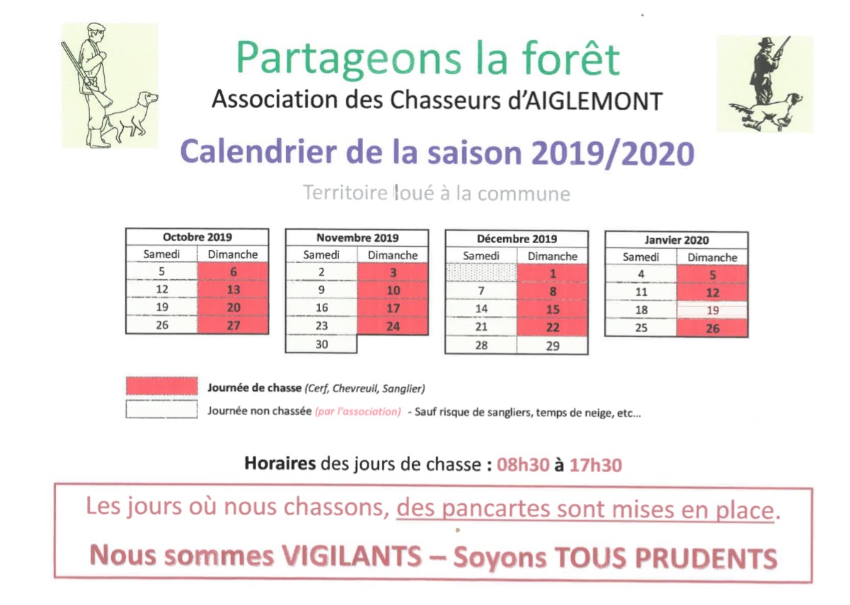 Calendrier de chasse 2019-2020 | Site officiel de la commune d'Aiglemont